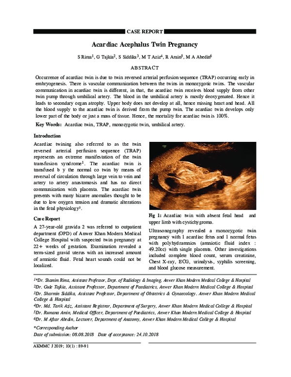 (PDF) Acardiac Acephalus Twin Pregnancy