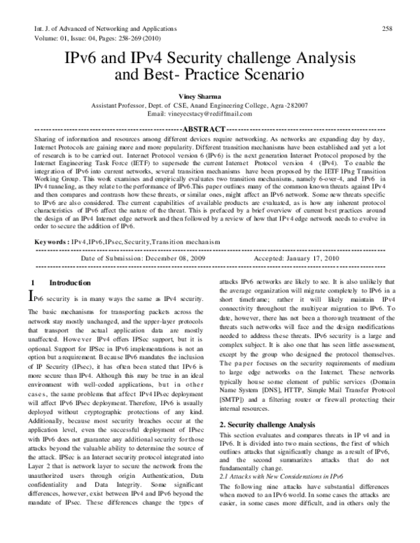 (PDF) IPv6 and IPv4 Security challenge Analysis and Best- Practice Scenario