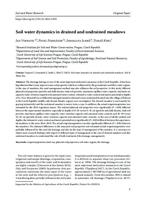 (PDF) Soil water dynamics in drained and undrained meadows