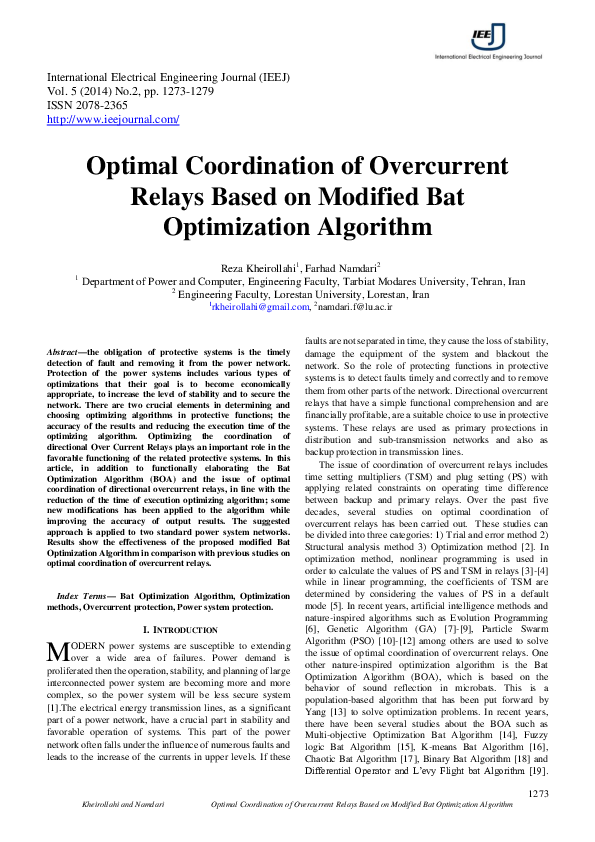 (PDF) Optimal Coordination of Overcurrent Relays Based on Modified Bat Optimization Algorithm