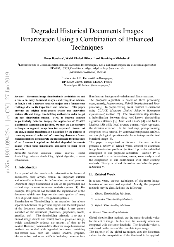 (PDF) Degraded Historical Documents Images Binarization Using a Combination of Enhanced Techniques