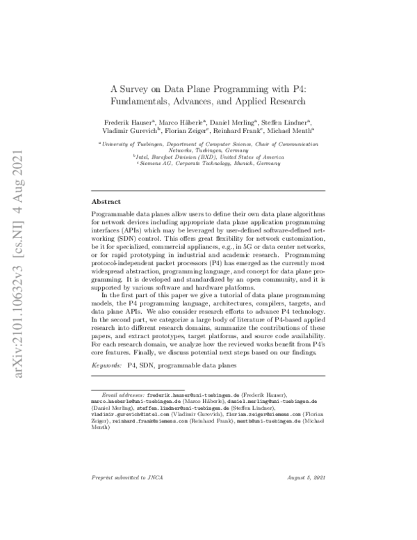 (PDF) A Survey on Data Plane Programming with P4: Fundamentals, Advances, and Applied Research