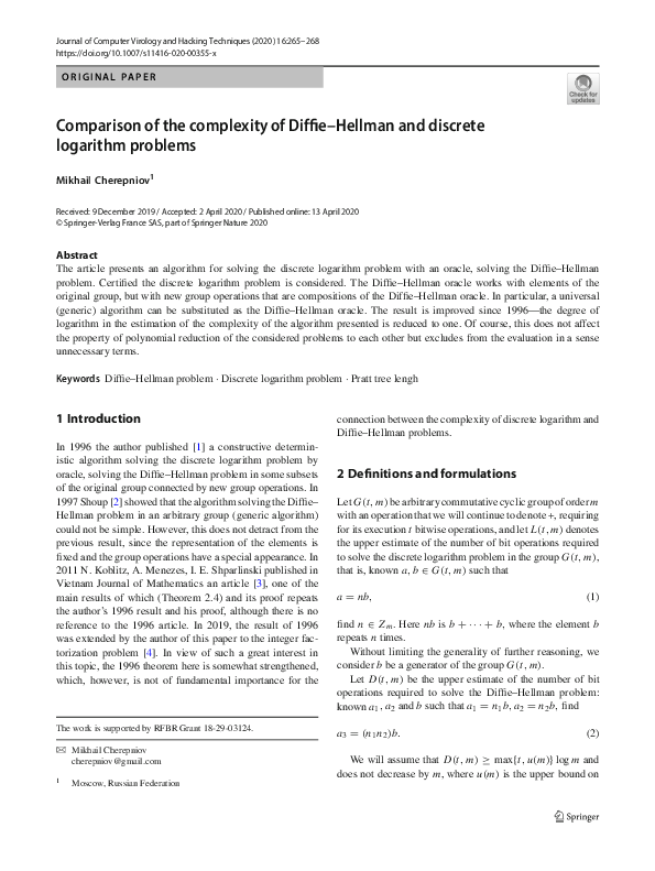 (PDF) Comparison of the complexity of Diffie–Hellman and discrete logarithm problems