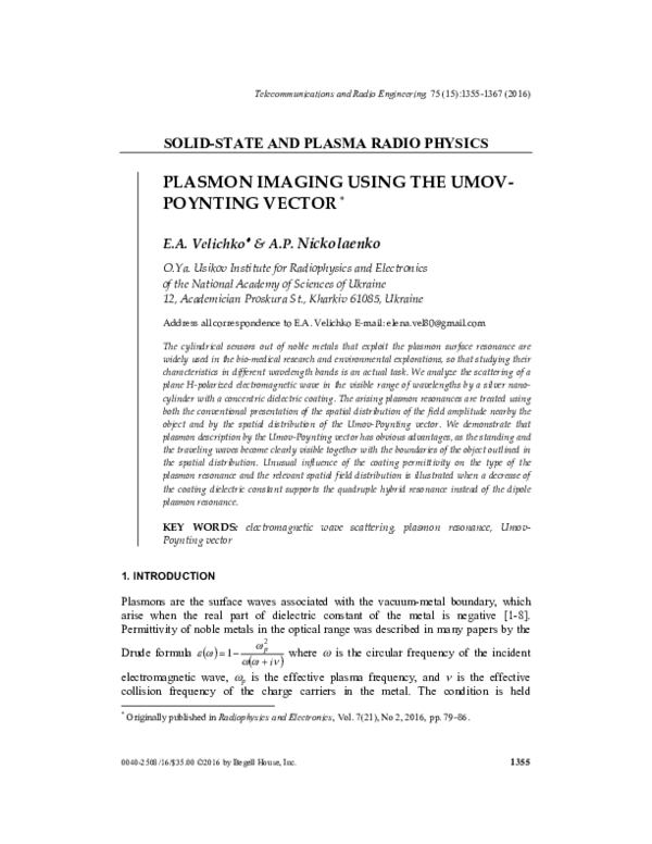 (PDF) Umov-poynting vector in visualization of plasmons