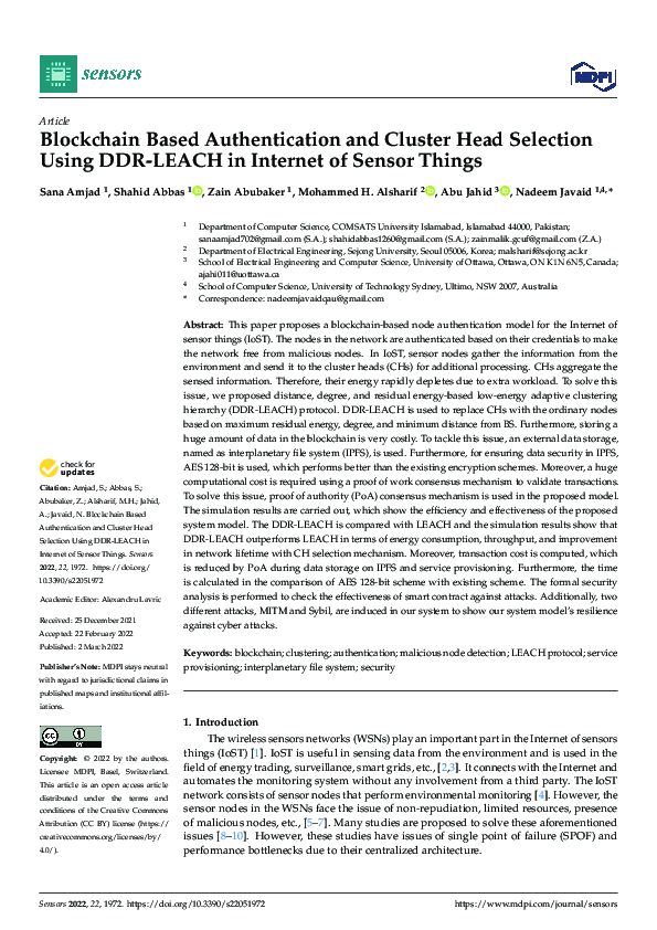 (PDF) Blockchain Based Authentication and Cluster Head Selection Using DDR-LEACH in Internet of ...