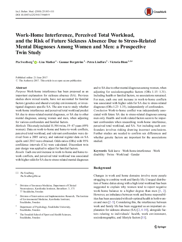 (PDF) Work-Home Interference, Perceived Total Workload, and the Risk of ...