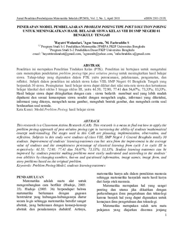 (PDF) Penerapan Model Pembelajaran Problem Posing Tipe Post Solution Posing Untuk Meningkatkan ...