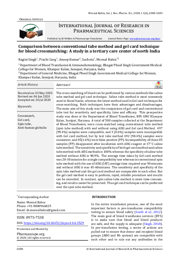 (PDF) Comparison between conventional tube method and gel card ...
