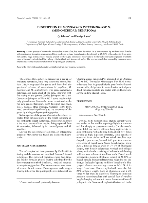 (PDF) Description of Mononchus intermedius sp. n. (Mononchidae: Nematoda)