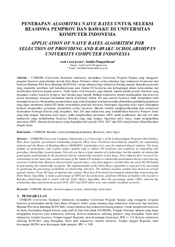 (PDF) Penerapan Algoritma Naive Bayes Untuk Seleksi Beasiswa Pemprov Dan Bawaku DI Universitas ...