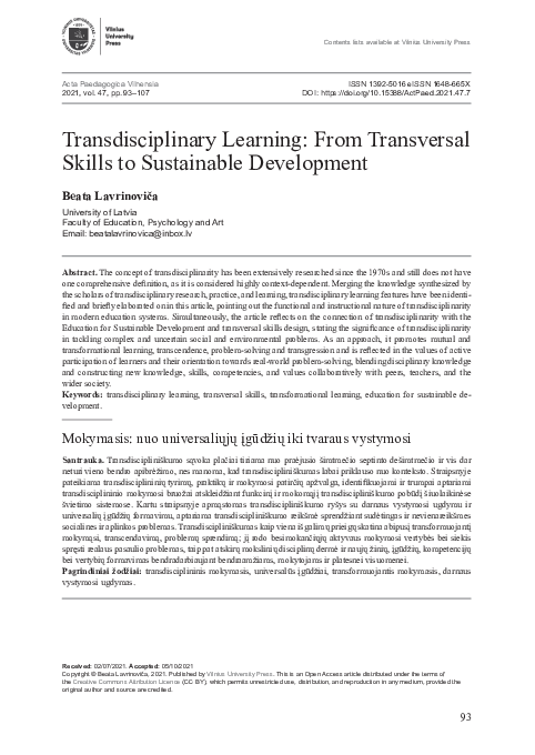(PDF) Transdisciplinary Learning: From Transversal Skills to ...