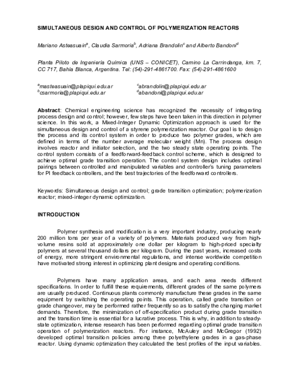(PDF) Simultaneous Design and Control of Polymerization Reactors
