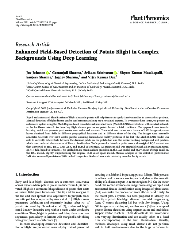 (PDF) Enhanced Field-Based Detection of Potato Blight in Complex Backgrounds Using Deep Learning