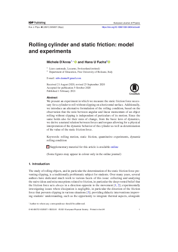 (PDF) Rolling cylinder and static friction: model and experiments