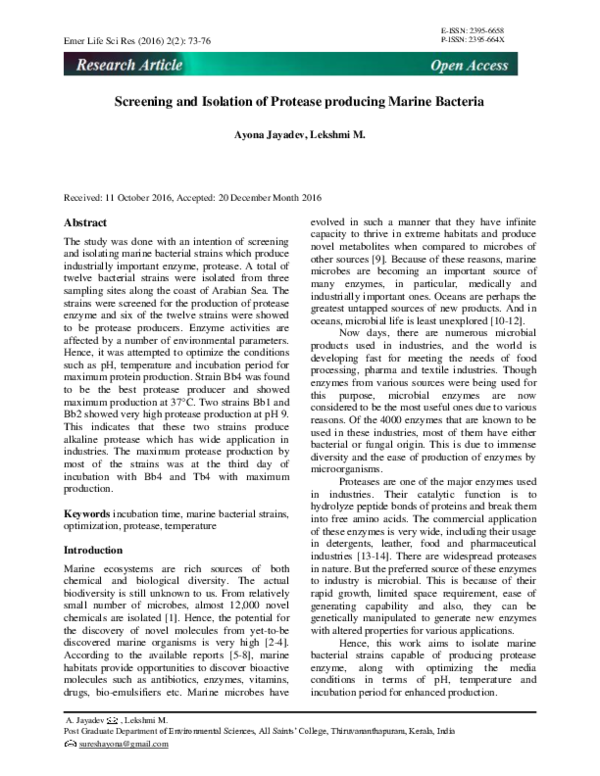 (PDF) Screening and Isolation of Protease producing Marine Bacteria