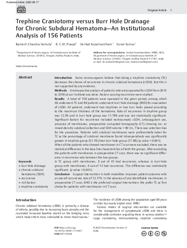 (PDF) Trephine Craniotomy versus Burr Hole Drainage for Chronic ...