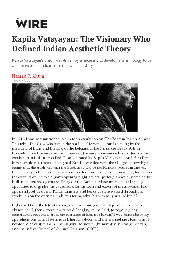 (PDF) Kapila Vatsyayan: The Visionary Who Defined Indian Aesthetic Theory