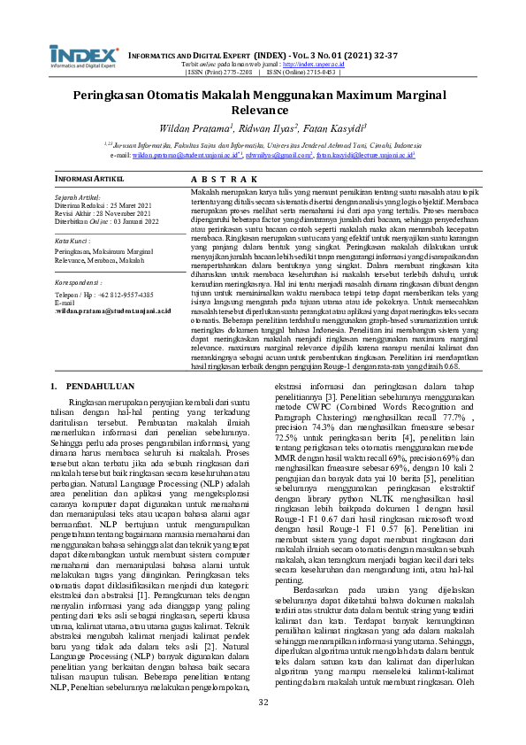 (PDF) Peringkasan Otomatis Makalah Menggunakan Maximum Marginal Relevance