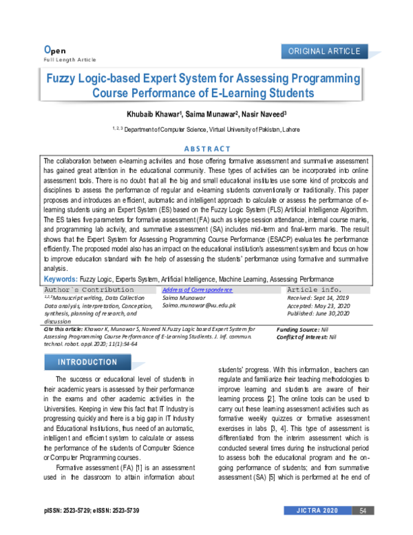 Pdf Fuzzy Logic Based Expert System For Assessing Programming Course Performance Of E Learning