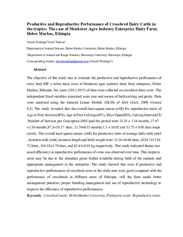 (DOC) Productive and Reproductive Performance of Crossbred Dairy Cattle ...
