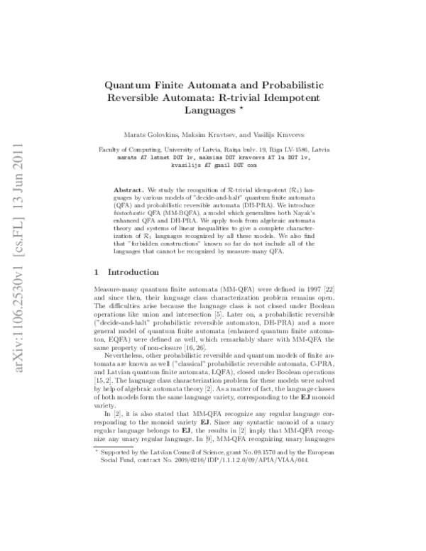 (PDF) Quantum Finite Automata and Probabilistic Reversible Automata: R-trivial Idempotent Languages