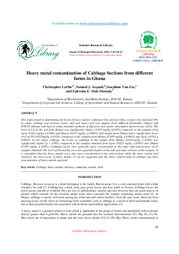(PDF) Heavy metal contamination of Cabbage Sections from different ...