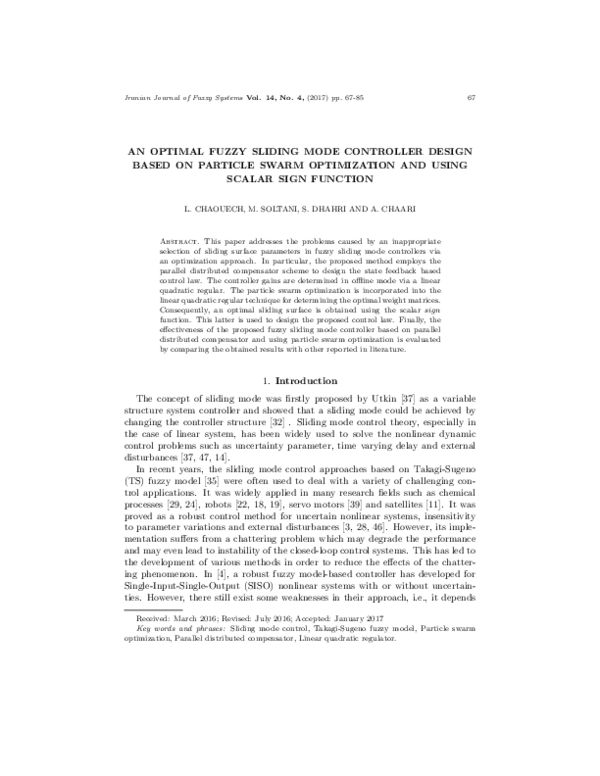 Pdf An Optimal Fuzzy Sliding Mode Controller Design Based On Particle Swarm Optimization And