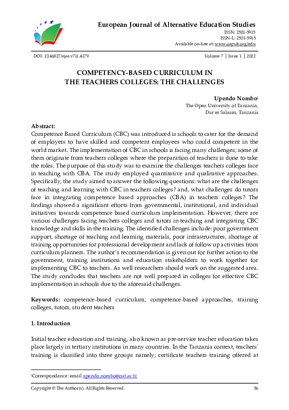 (PDF) Competency-Based Curriculum in the Teachers Colleges: The Challenges