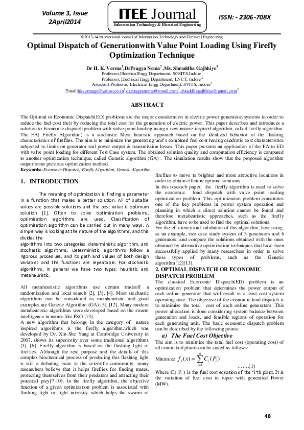 (PDF) Optimal Dispatch of Generationwith Value Point Loading Using Firefly Optimization Technique