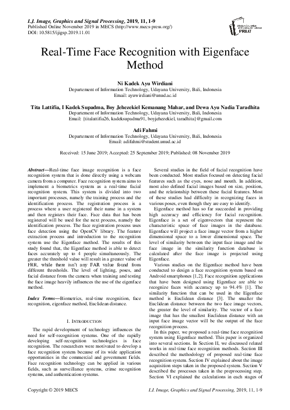 (PDF) Real-Time Face Recognition with Eigenface Method
