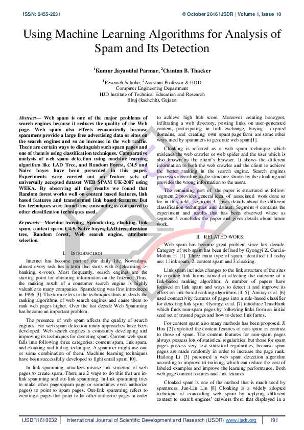 (PDF) Using Machine Learning Algorithms for Analysis of Spam and Its ...