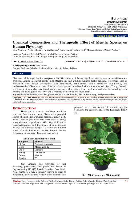 (PDF) Chemical Composition and Therapeutic Effect of Mentha Species on ...