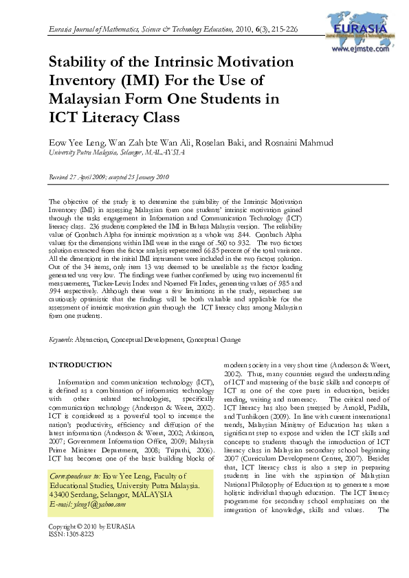 (PDF) Stability of the Intrinsic Motivation Inventory (IMI) For the Use ...