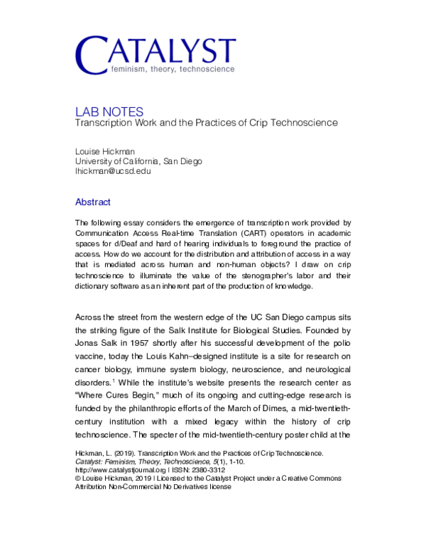 (PDF) Transcription Work and the Practices of Crip Technoscience