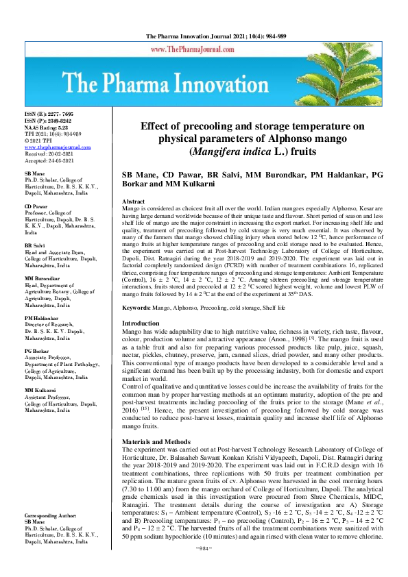 (PDF) Effect of precooling and storage temperature on physical parameters of Alphonso mango ...