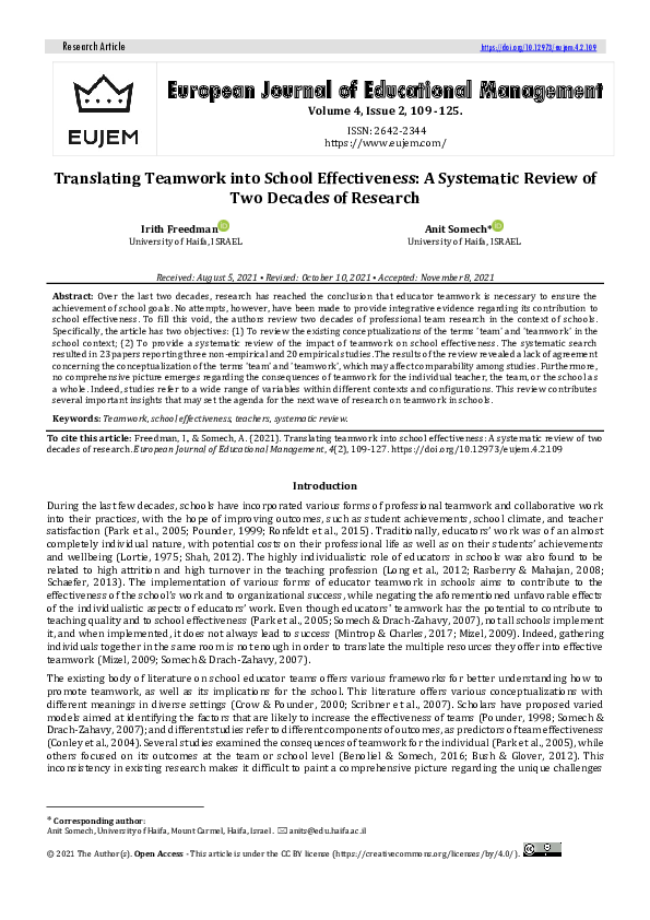 (PDF) Translating Teamwork into School Effectiveness: A Systematic ...