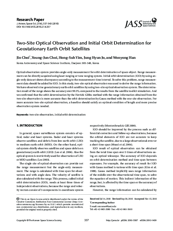 (PDF) Two-Site Optical Observation and Initial Orbit Determination for Geostationary Earth Orbit ...