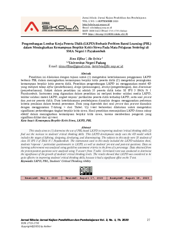 (PDF) Pengembangan Lembar Kerja Peserta Didik (LKPD) Berbasis Problem Based Learning (PBL) dalam ...