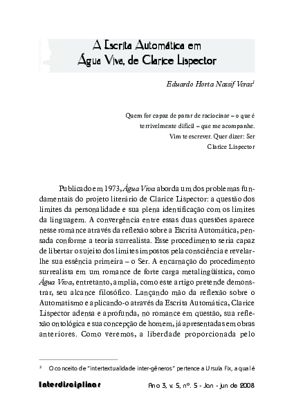 (PDF) A Escrita Automática Em Água Viva, De Clarice Lispector