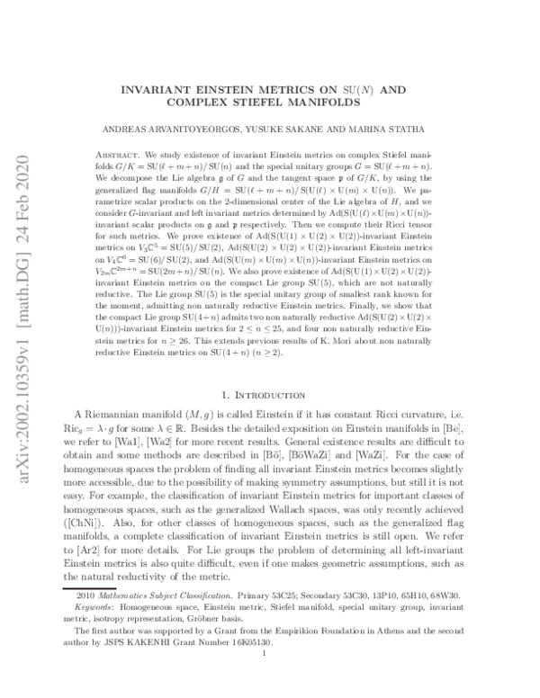 (PDF) Invariant Einstein metrics on SU(N) and complex Stiefel manifolds