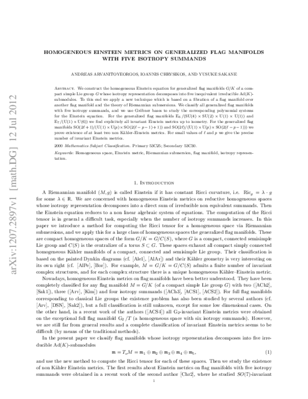 (PDF) Homogeneous Einstein metrics on generalized flag manifolds with ... (PDF) Homogeneous Einstein metrics on generalized flag manifolds with ...