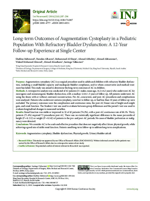 (PDF) Long-term Outcomes of Augmentation Cystoplasty in a Pediatric ...