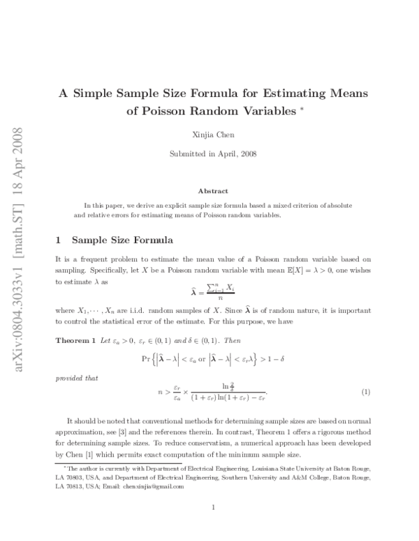 (PDF) A Simple Sample Size Formula for Estimating Means of Poisson ...