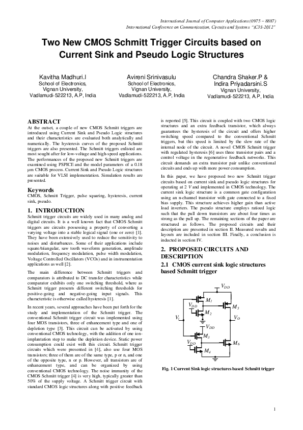 (PDF) Two New CMOS Schmitt Trigger Circuits based on Current