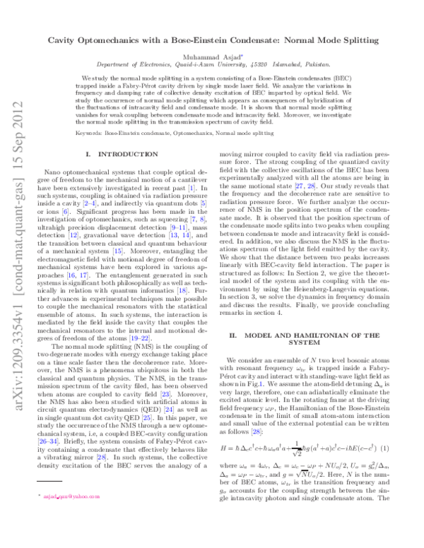 (PDF) Cavity Optomechanics with a Bose-Einstein Condensate: Normal Mode ...