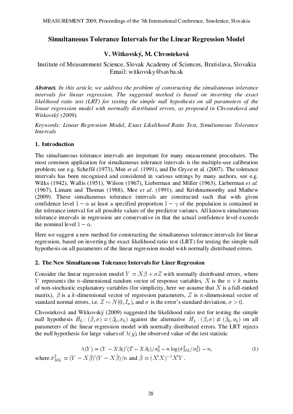 (PDF) Simultaneous Tolerance Intervals for the Linear Regression Model