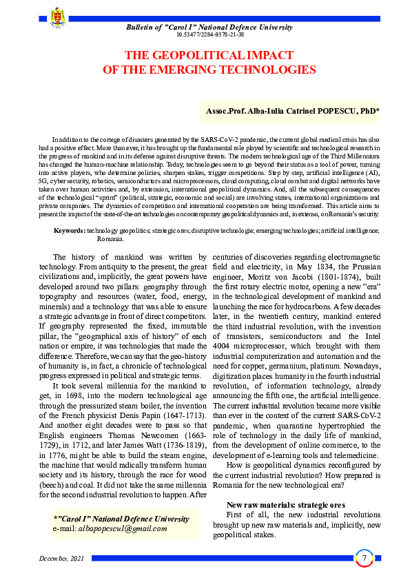 (PDF) THE GEOPOLITICAL IMPACT OF THE EMERGING TECHNOLOGIES