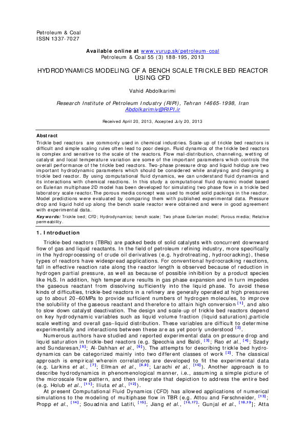 (PDF) Hydrodynamics Modeling of a Bench Scale Trickle Bed Reactor Using CFD