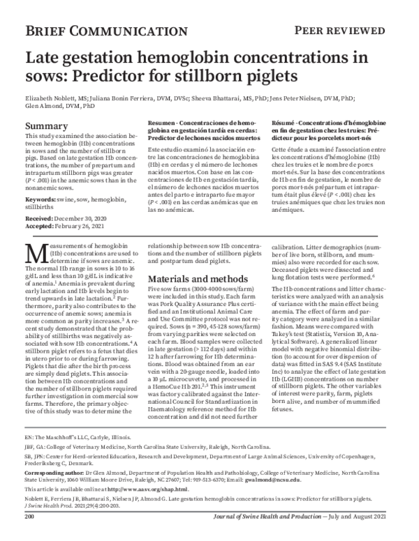 (PDF) Late gestation hemoglobin concentrations in sows: Predictor for ...