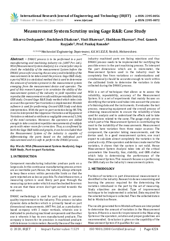 (PDF) Measurement System Scrutiny using Gage R&R: Case Study